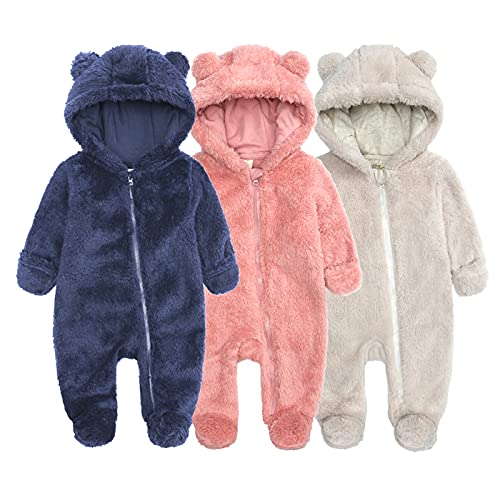 Lamgool Newborn Baby Fleece Jumpsuit Hooded Bear Ears Footies Unisex Girls Boys Romper Snowsuit for Fall Winter 0-3M