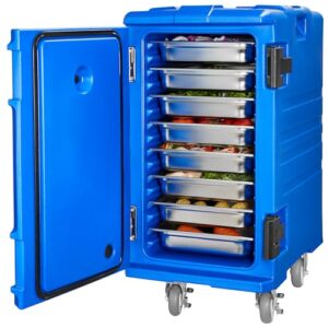 vevor insulated food pan carrier, 127 qt hot box for catering, lldpe food box carrier w/double buckles, front loading food warmer w/handles, end loader w/wheels for restaurant, canteen, etc. blue