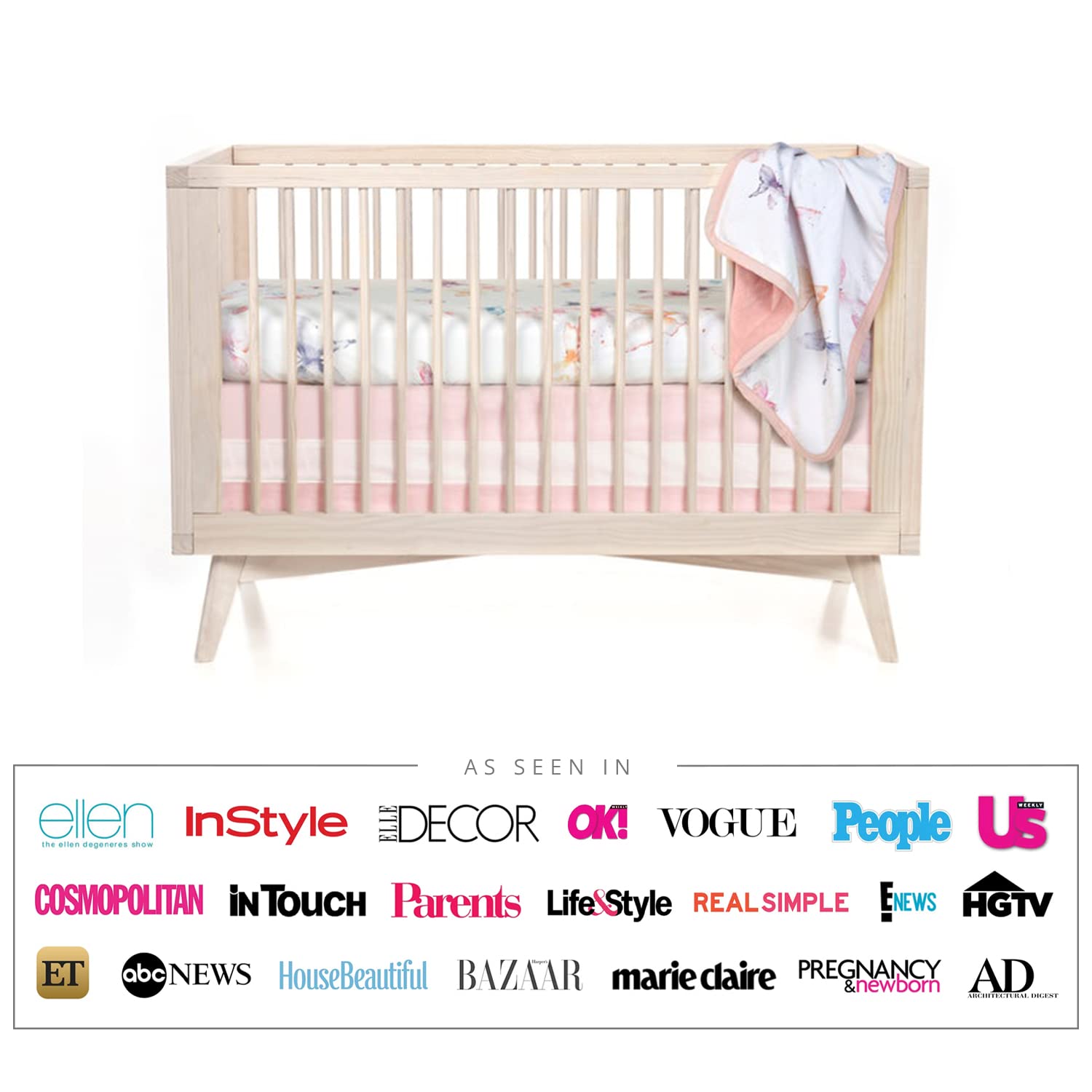 Oilo Crib Sheet, Breathable 100% Turkish Cotton Fitted Jersey, 300 Thread Count, Machine Washable, Fits Standard Crib (28" x 52" x 6"), Girl, Boy, & Neutral Nursery Design, Watercolors, Butterfly