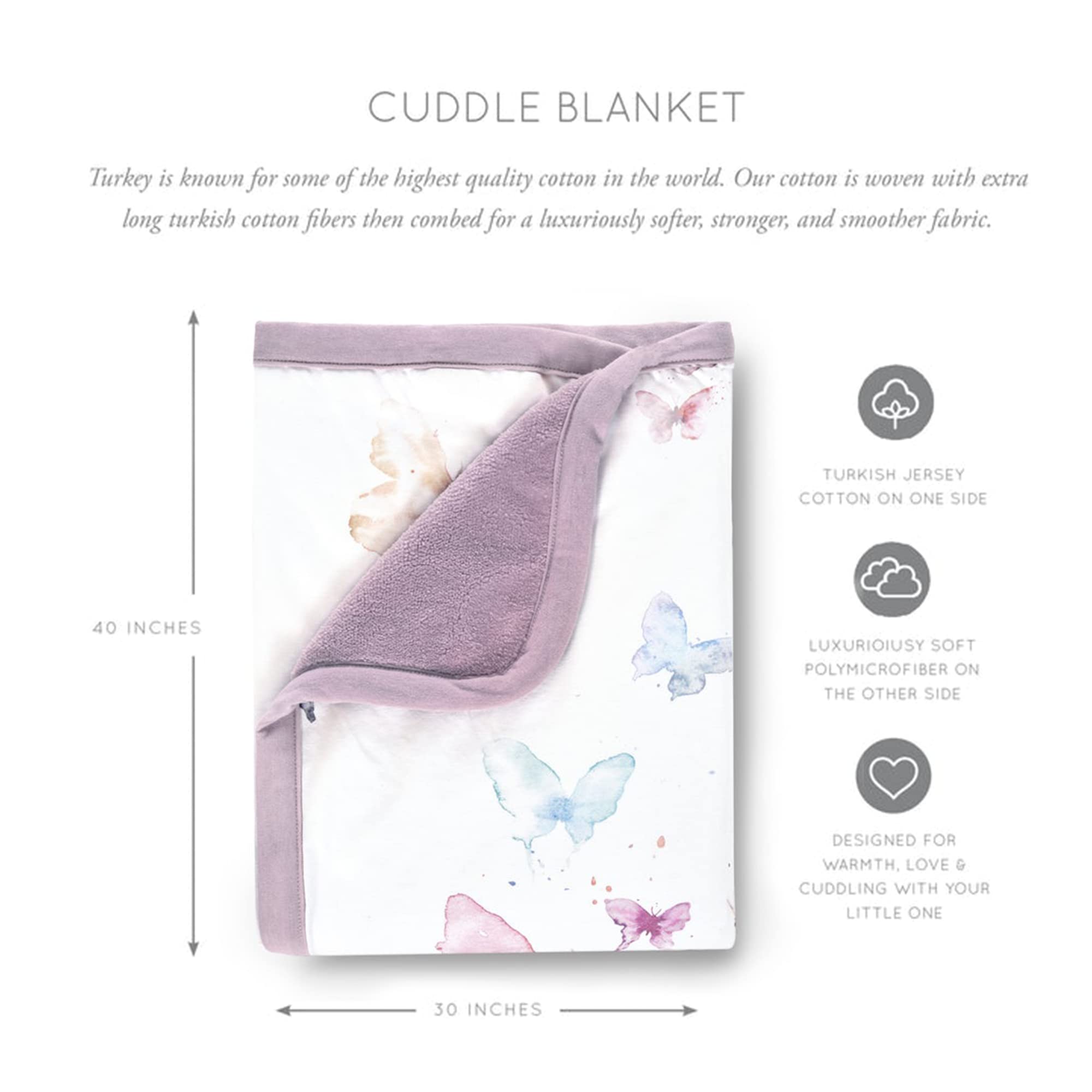 Oilo Baby Blanket, Luxury Soft Plush Backing & 100% Turkish Cotton Jersey Print, Double Layered, 30" x 40", Rolled Jersey Edge Trim, Newborn Infant Crib Blanket, Watercolor Butterfly