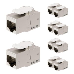 iwillink 10gbps 10-pack cat6a shielded keystone rj45 coupler, zinc alloy metal housing ethernet coupler, female to female cat6a keystone jack, silver