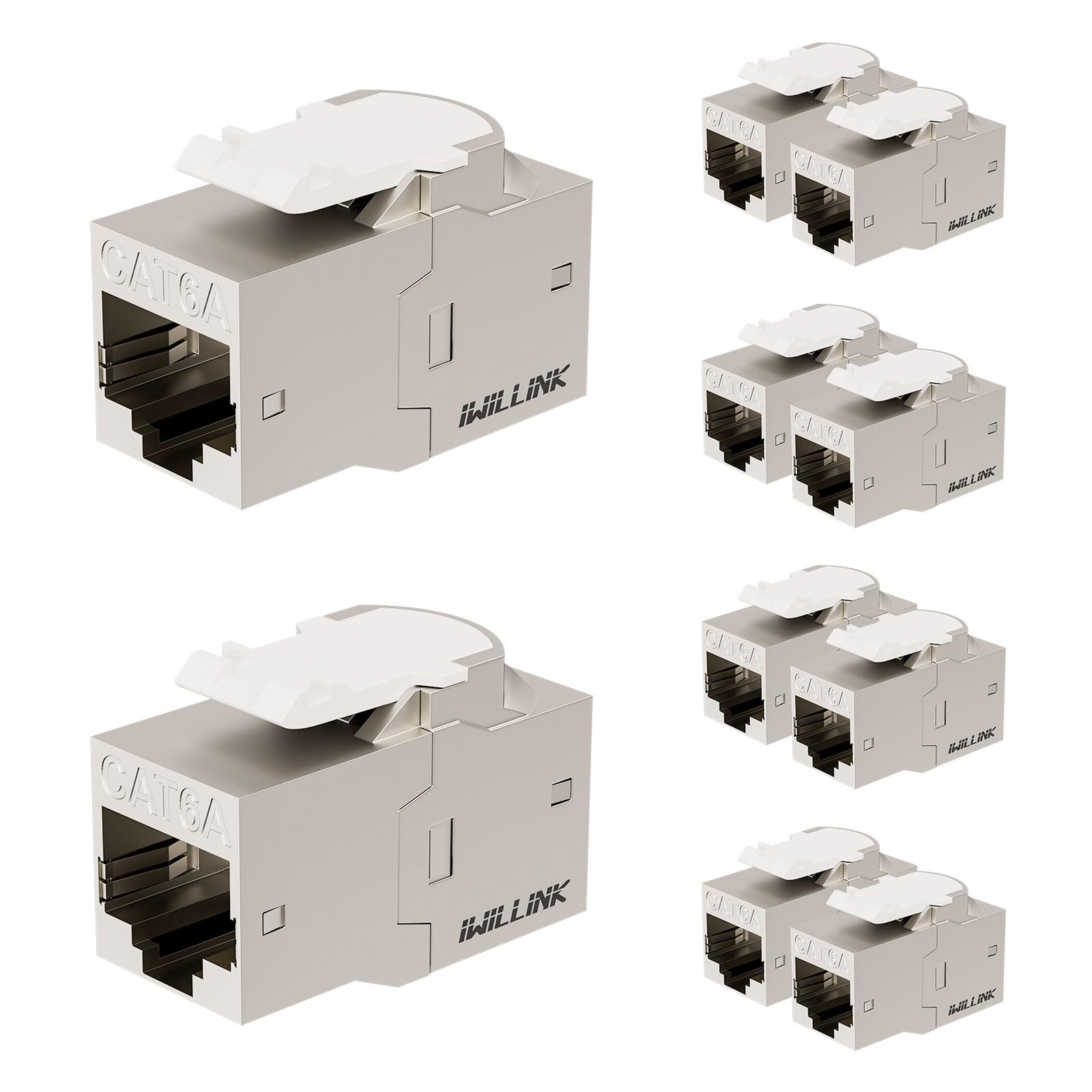 iwillink 10Gbps 10-Pack Cat6A Shielded Keystone RJ45 Coupler, Zinc Alloy Metal Housing Ethernet Coupler, Female to Female Cat6a Keystone Jack, Silver