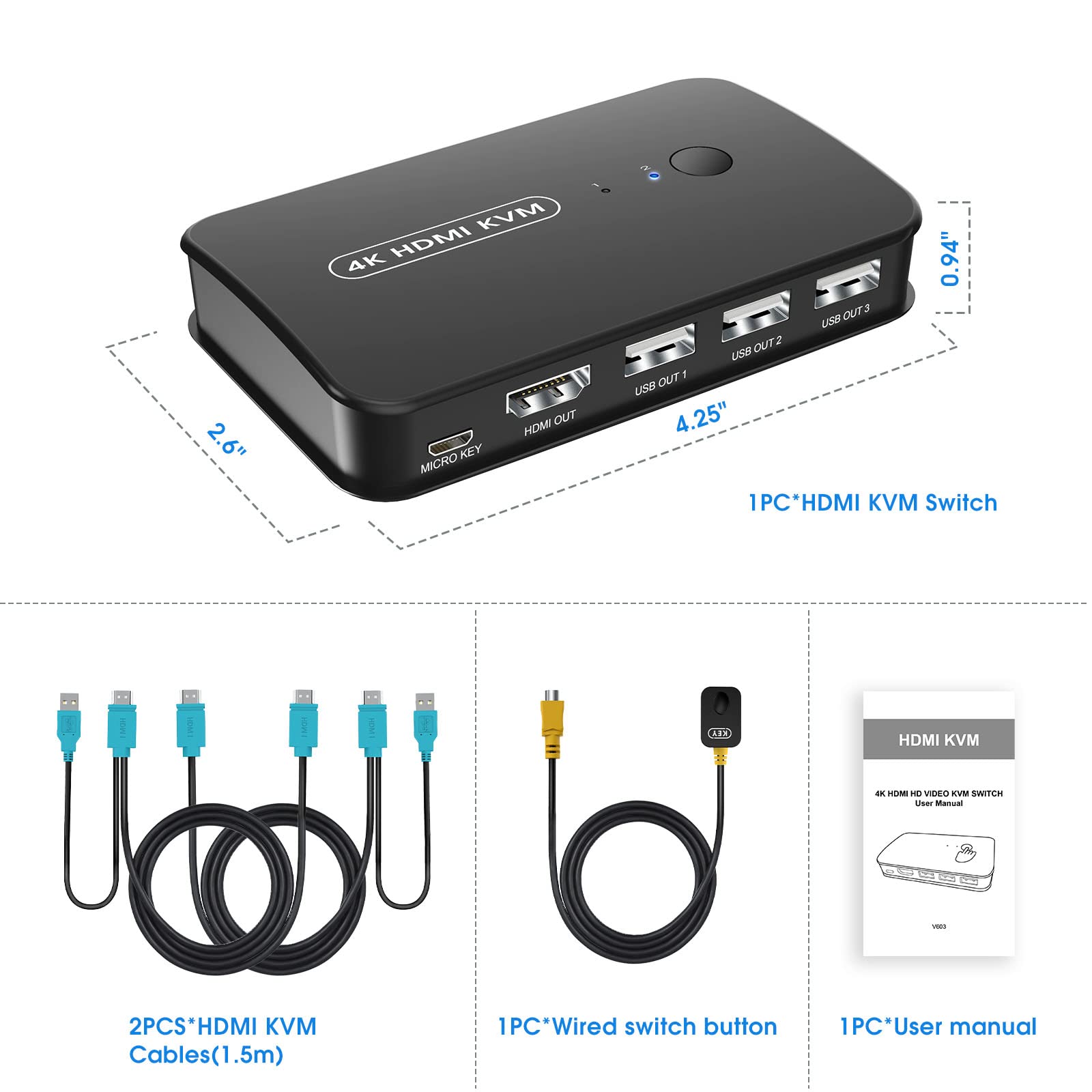 4K KVM Switch HDMI 2 Port Box, USB and HDMI Switch for 2 Computers Share Keyboard Mouse Printer and one HD Monitor, Support UHD 4K@30Hz, with Remote Controller and 2 KVM Cables