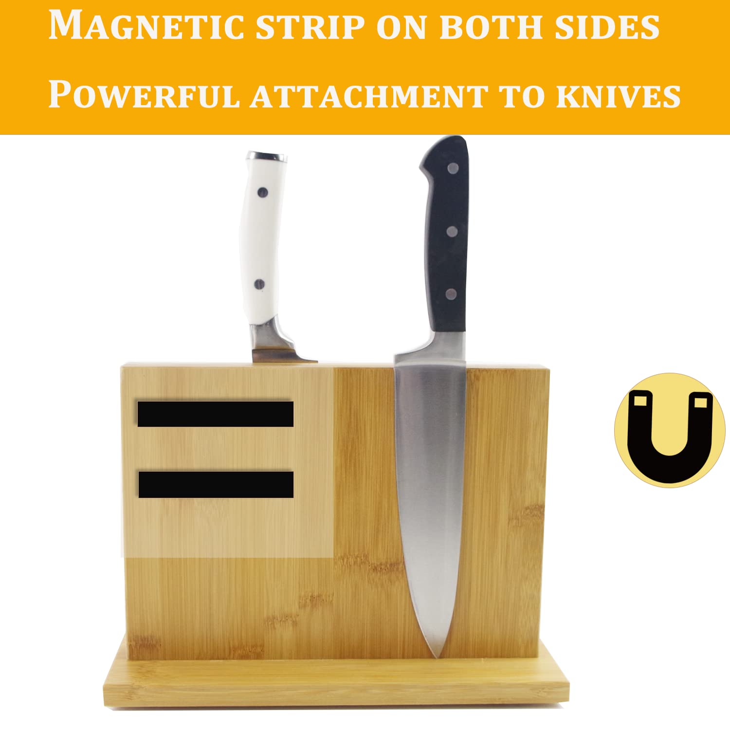 ODEDEN Magnetic Knife Block, Natural Bamboo Magnetic Knife Holder, Double Side Magnetic Knife Stand, Cutlery Display Stand and Storage Rack Without Knives