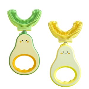 raxifu 2 pack toddler toothbrush for age 2-6 years,kids toothbrush for 1-7 years children, u-shape extra soft toothbrush for children （pear green-yellow）