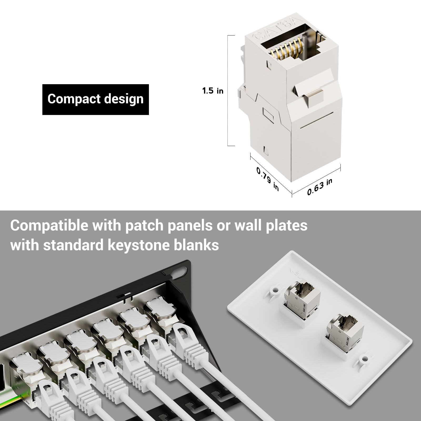 iwillink 10Gbps 10-Pack Cat6A Shielded Keystone RJ45 Coupler, Zinc Alloy Metal Housing Ethernet Coupler, Female to Female Cat6a Keystone Jack, Silver