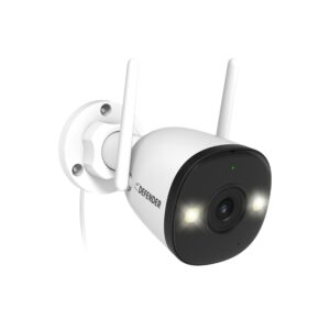 defender guard pro 2k wifi. plug-in security camera with color night vision, two-way talk, smart human detection, spotlight & siren (2 cameras, 32gb)