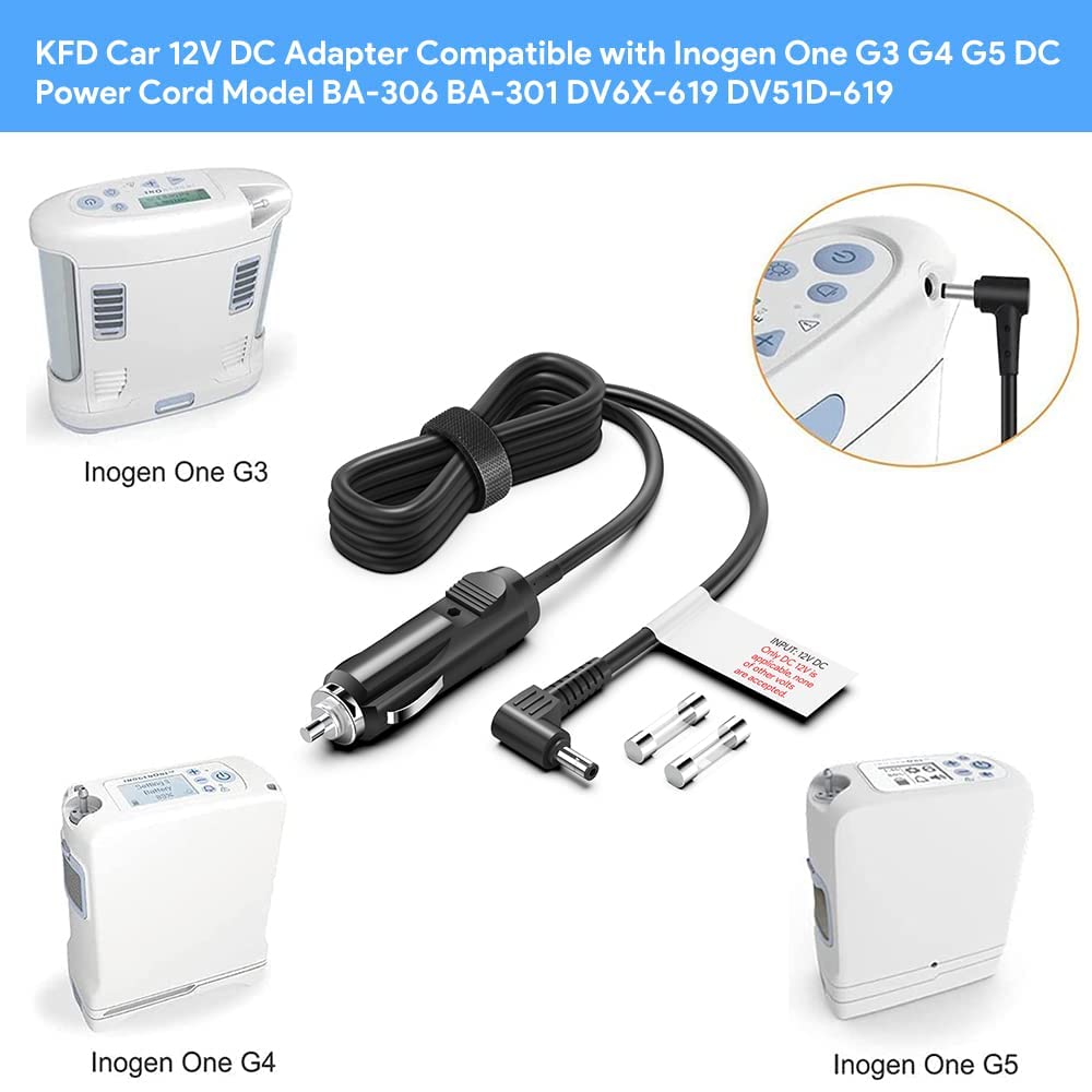 KFD DC Adapter for Inogen One G3 G4 G5 Model BA-301 BA-503 BA-306 BA-303 12V Auto Vehicle Boat RV Camper 12V Car Charger Inogen Rove 6 Oxygen Concentrator, Oxygo Next, OxyGo FIT Power Supply Cord