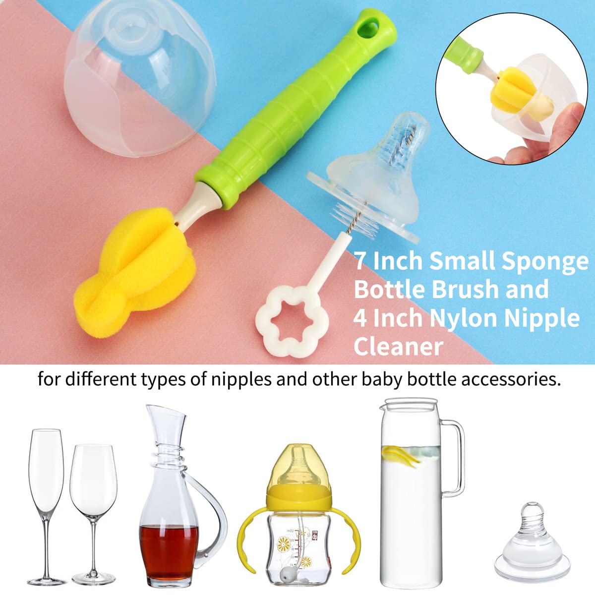 Xpovouetpa 7 Pcs Baby Bottle Brush Cleaner Set,Slicone Bottle Brush Sponge Bottle Scrubber Straw Cleaning Brush for Baby Bottles, Water Bottles, Straws, Tumblers, Wine Decanters,Flask and More(Green)