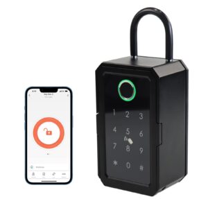 smart key lock box with remote access, all-metal waterproof lockbox for keys hider with fingerprint & digital code combination, bluetooth key safe security boxes for house realtors outside