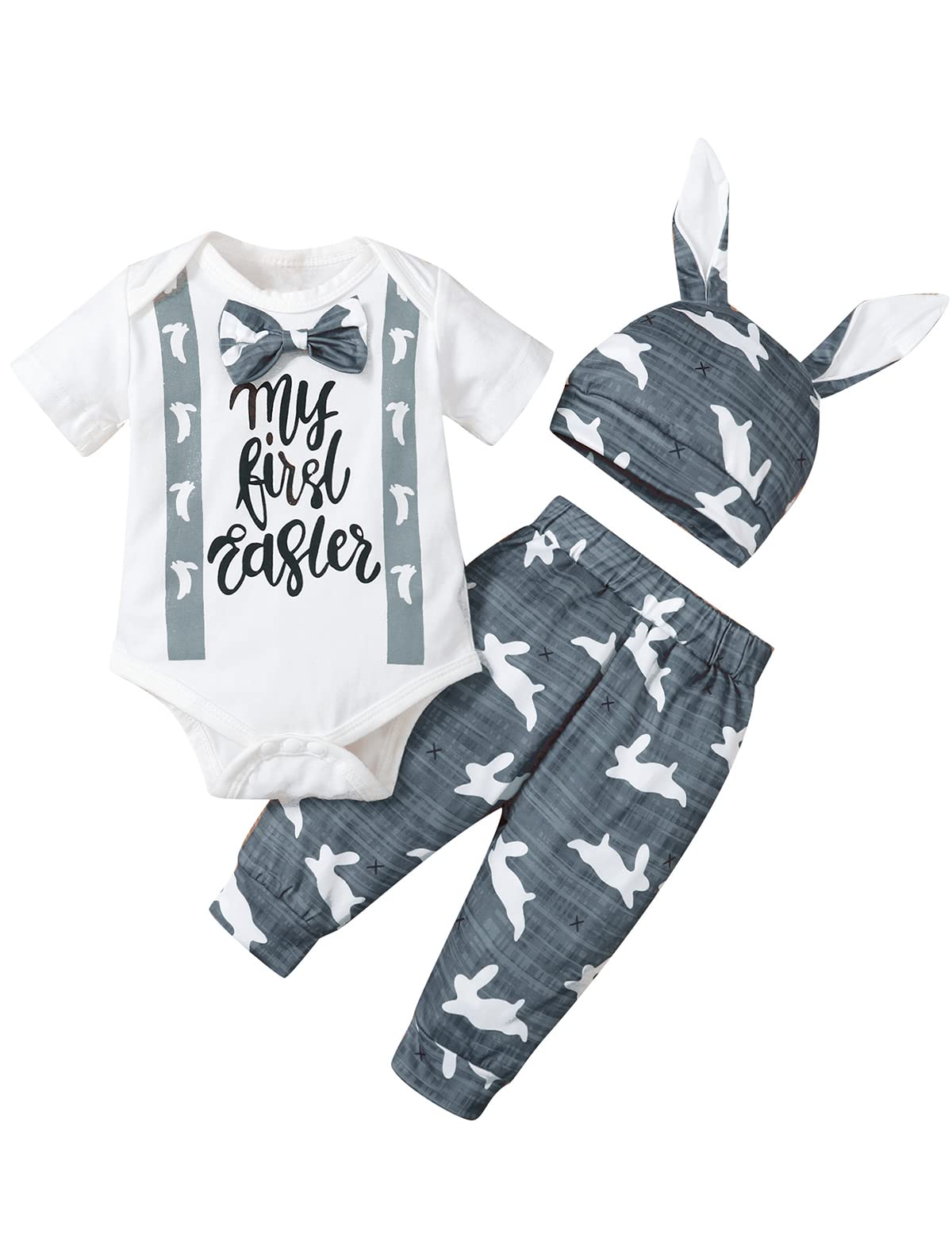 BIRTHDAY SHARK Baby Boy My 1st Easter Outfit Newborn First Easter Outfit Baby Bunny Clothes (White,0-3 Months)