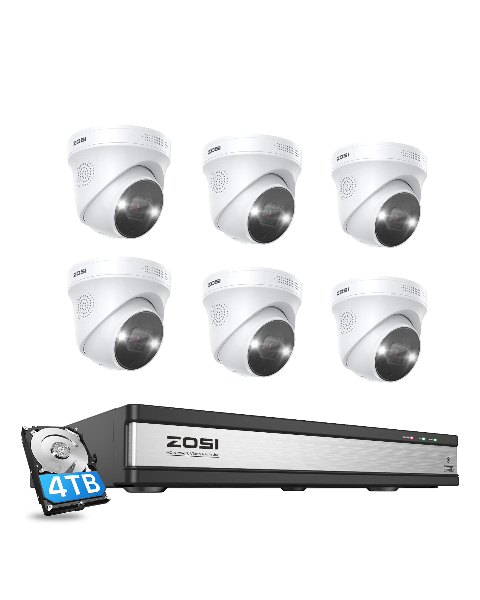 ZOSI 4K Security Camera System with Audio,4pcs 8MP Outdoor Indoor PoE IP Cameras,Night Vision,Human Detection,Smart Light Alarm,8Channel H.265+ NVR Recorder with 2TB HDD for Home 24/7 Recording