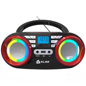 klim b3 cd boombox portable audio cd player, fm radio, rechargeable battery, bluetooth, mp3 and aux. equipped with super bass neodymium speakers, upgraded cd laser lens - new - red