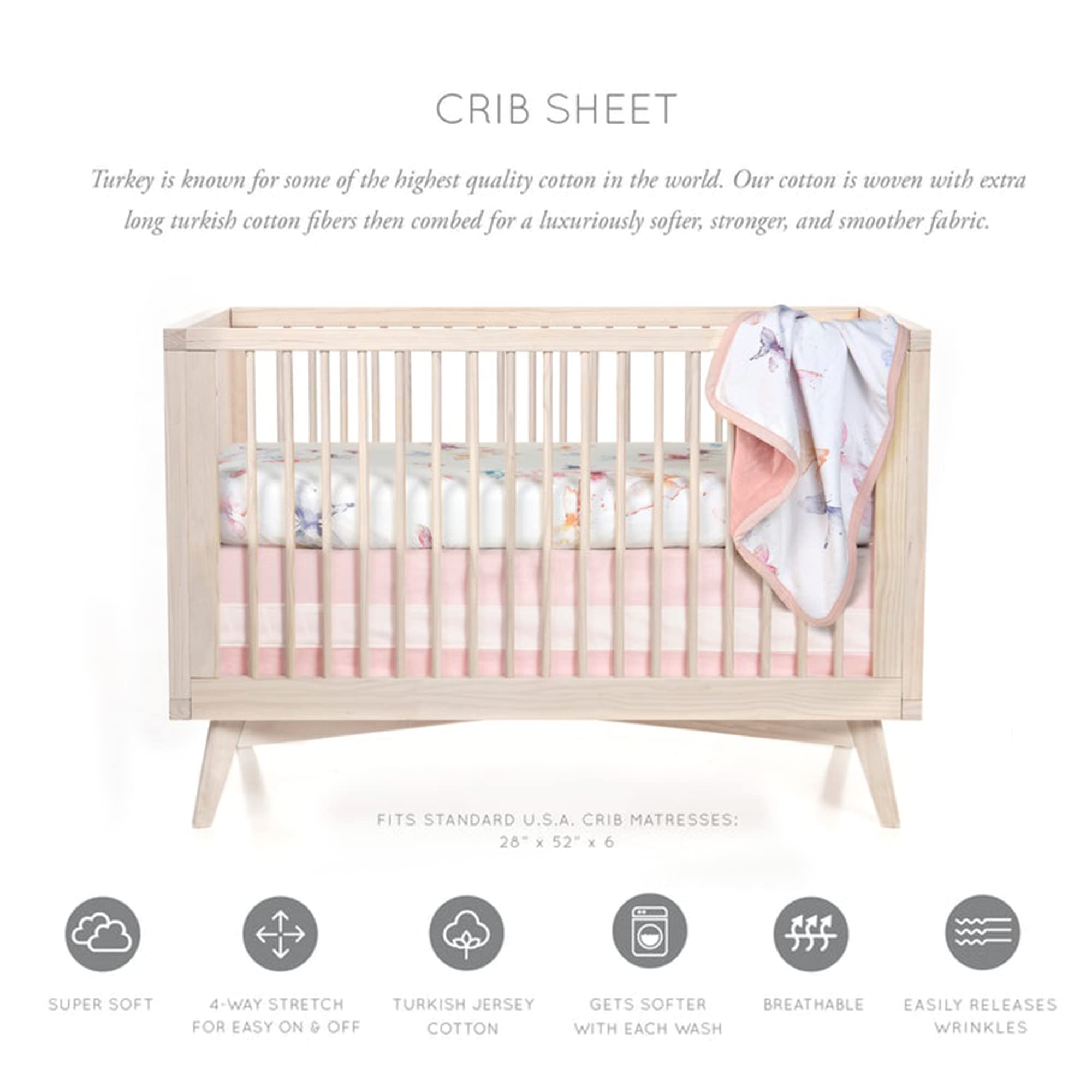 Oilo Crib Sheet, Breathable 100% Turkish Cotton Fitted Jersey, 300 Thread Count, Machine Washable, Fits Standard Crib (28" x 52" x 6"), Girl, Boy, & Neutral Nursery Design, Watercolors, Butterfly