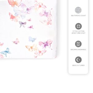 Oilo Crib Sheet, Breathable 100% Turkish Cotton Fitted Jersey, 300 Thread Count, Machine Washable, Fits Standard Crib (28" x 52" x 6"), Girl, Boy, & Neutral Nursery Design, Watercolors, Butterfly