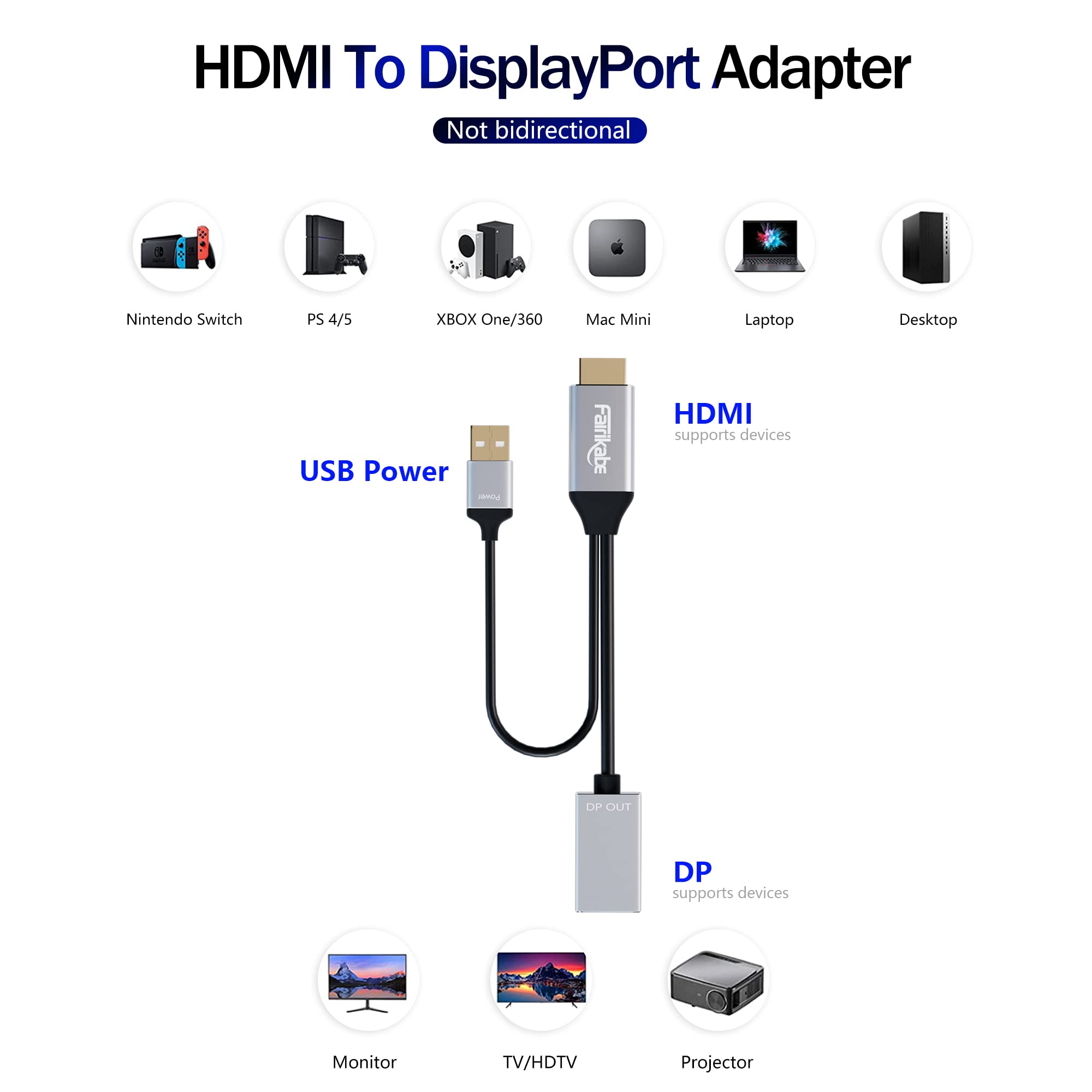 fairikabe HDMI to DisplayPort Adapter 4K60Hz, Active HDMI 2.0 Male to DisplayPort 1.2 Female Converter, HDMI Output to DP Input Adapter for Monitor, Xbox One, PS4, Mac Mini