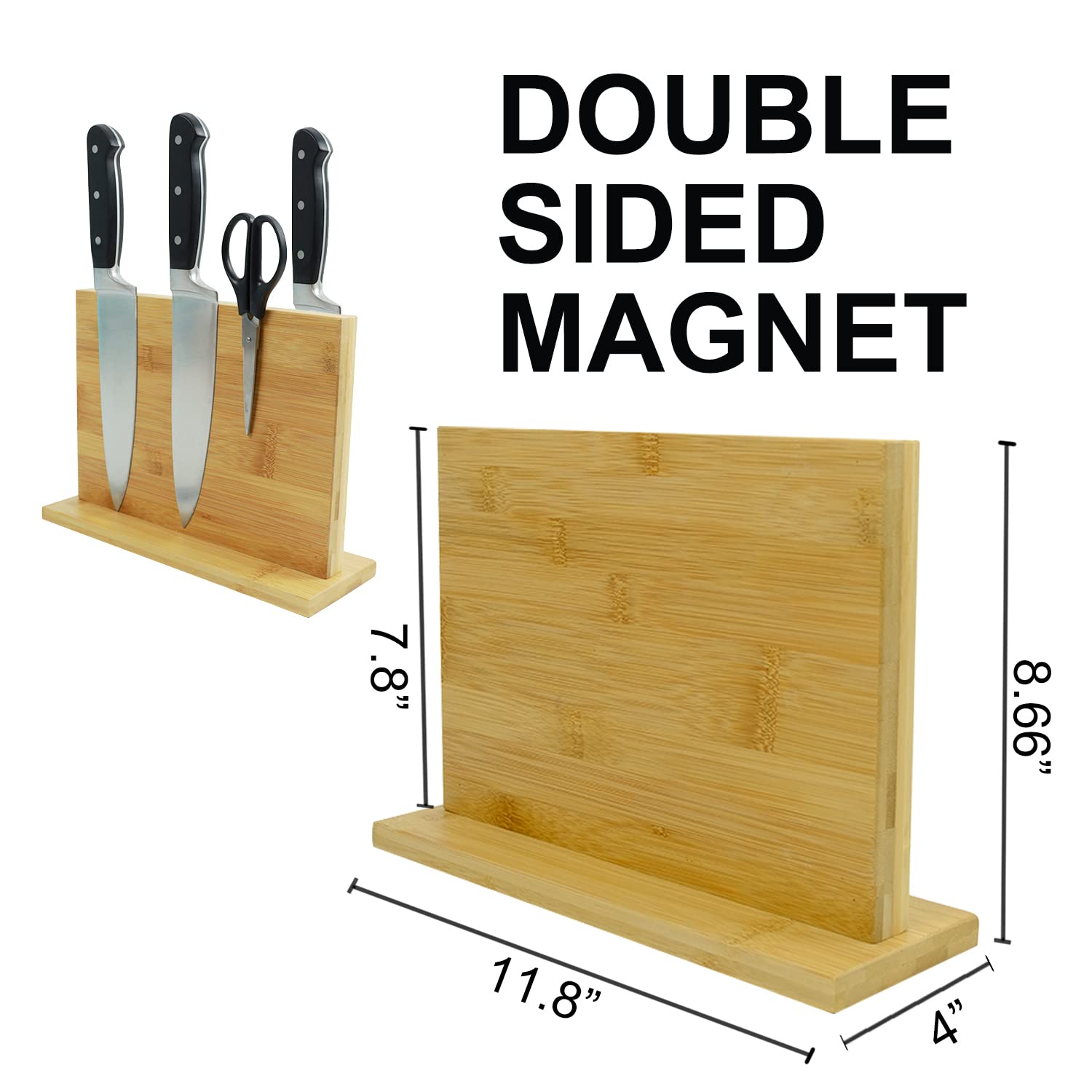 ODEDEN Magnetic Knife Block, Natural Bamboo Magnetic Knife Holder, Double Side Magnetic Knife Stand, Cutlery Display Stand and Storage Rack Without Knives