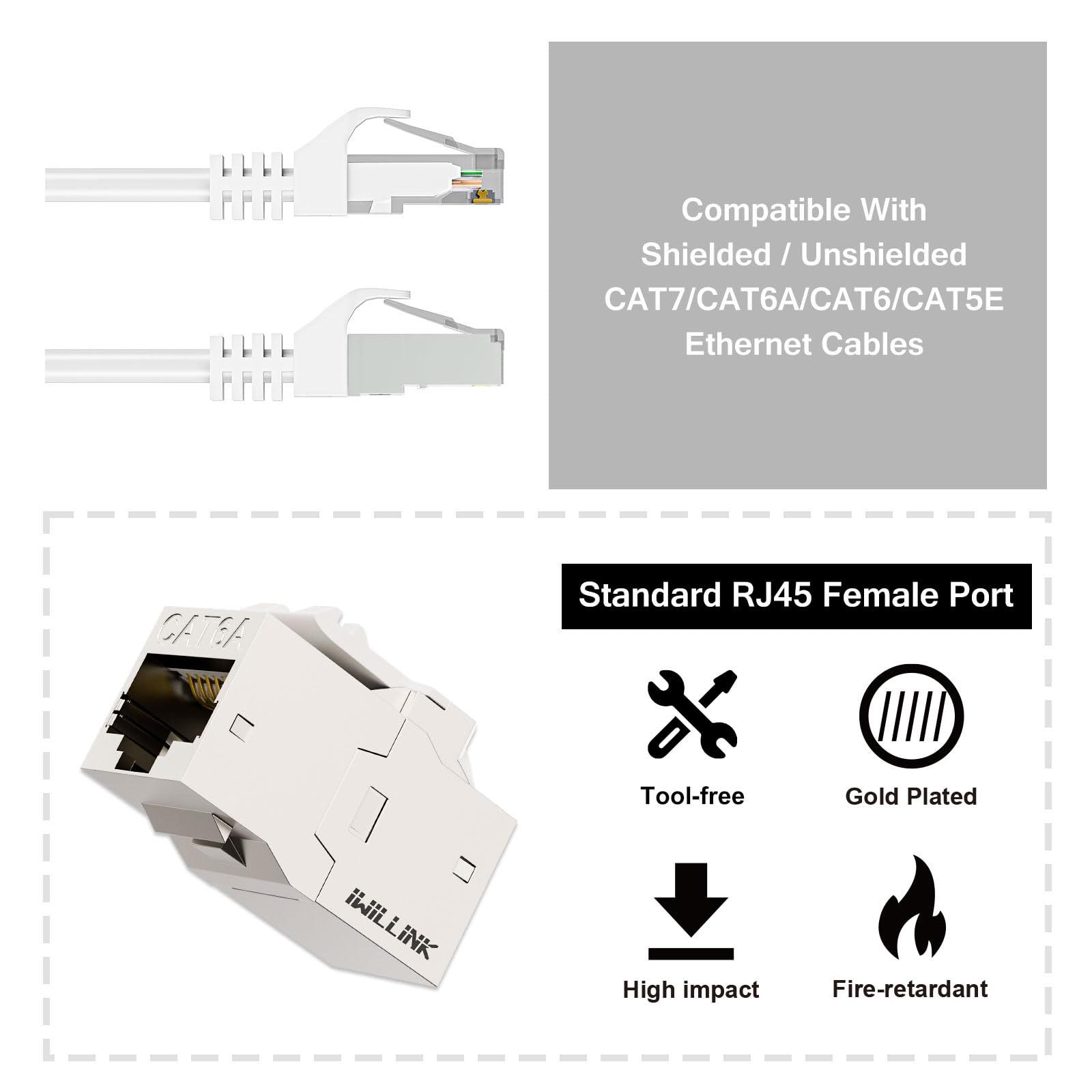 iwillink 10Gbps 10-Pack Cat6A Shielded Keystone RJ45 Coupler, Zinc Alloy Metal Housing Ethernet Coupler, Female to Female Cat6a Keystone Jack, Silver