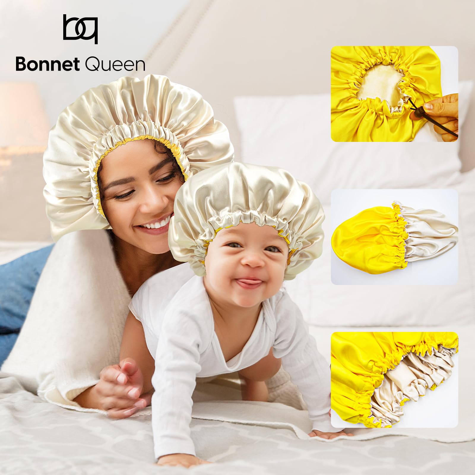 BONNET QUEEN Adjustable Drawstring Double Layer Reversible Silk Satin Mommy and Me Bonnet Sets Night Sleeping Hat Natural