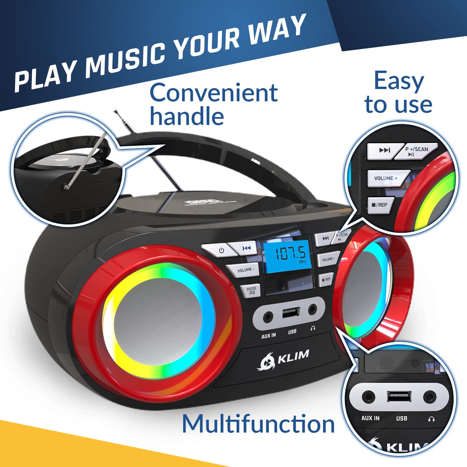 KLIM B3 CD Boombox Portable Audio CD Player, FM Radio, Rechargeable Battery, Bluetooth, MP3 and AUX. Equipped with Super Bass Neodymium Speakers, Upgraded CD Laser Lens - New - Red