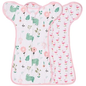 2 pack transition swaddle with 2 way zipper, 2 in 1 arms in/out transitional arms up swaddle, 100% cotton newborn swaddle zipper swaddles baby swaddling sack sleeping sack 3-6 months, flamingo & bear