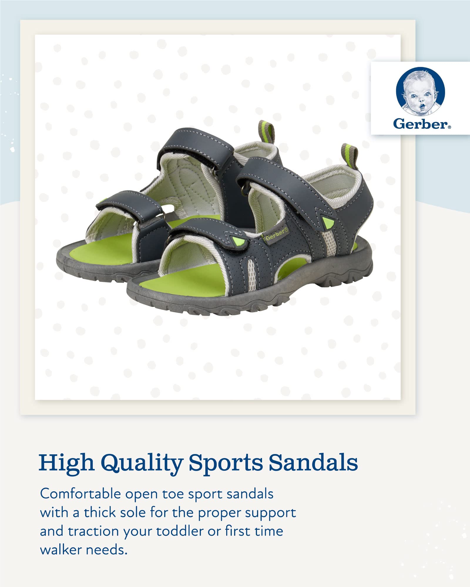 GERBER Baby Boys' Sandals - Adjustable Summer Sports Sandals (Infant/Toddler), Size 4 Infant, Grey/Neon Lime