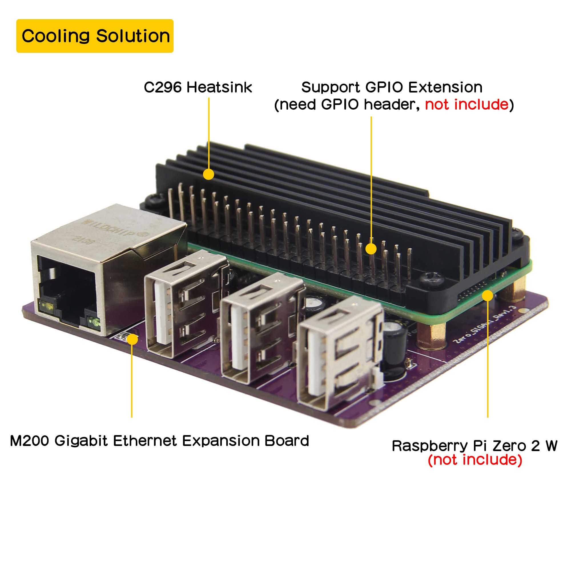 Geekworm for Raspberry Pi Zero 2 W Case Heatsink, M200-K Gigabit Ethernet Expansion Board 3-Port USB HUB with Aluminum Alloy Case&Heatsink for Raspberry Pi Zero 2W/Zero W (Not inlcude Raspberry Pi)