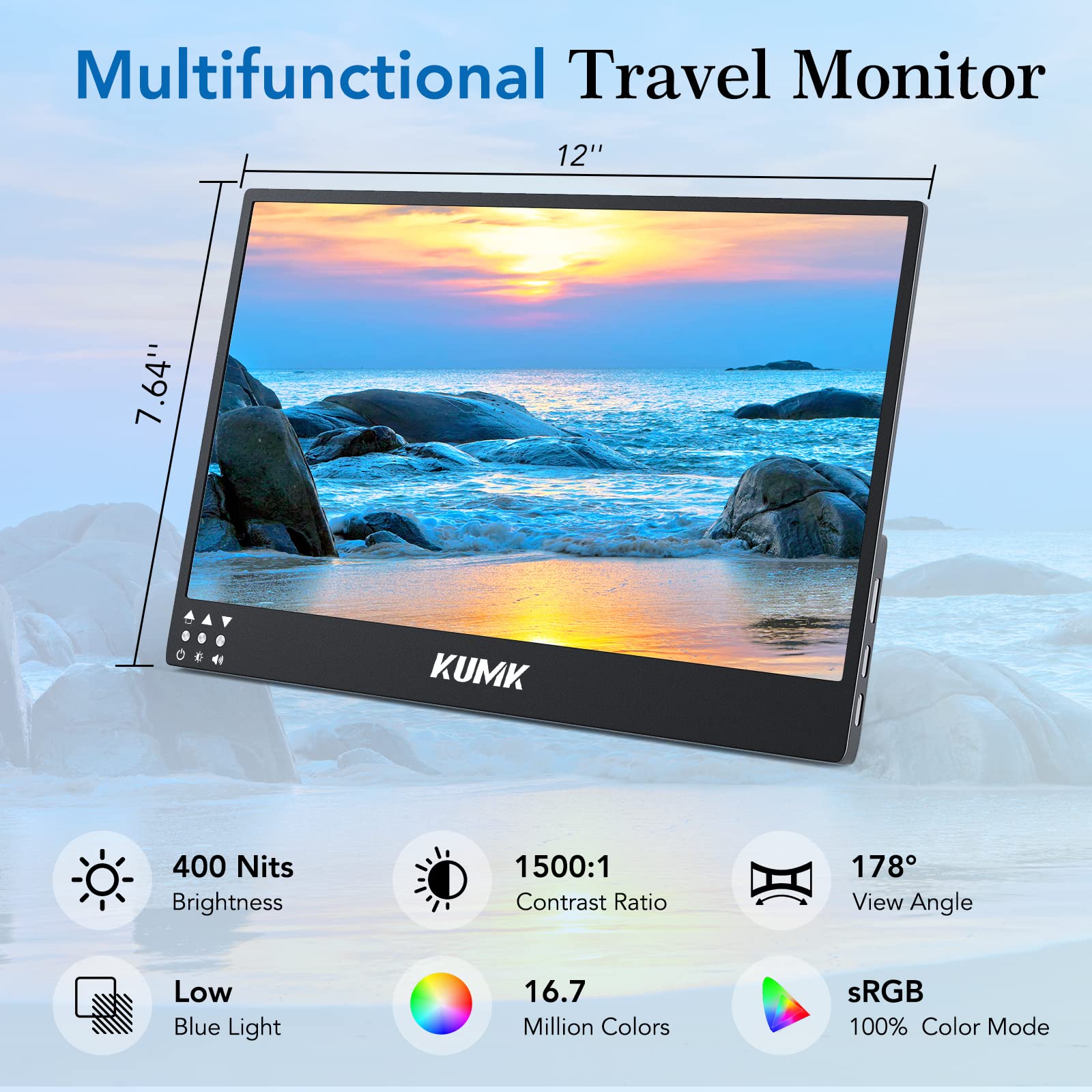 KUMK 4K Portable Monitor 13.3" 3840x2160 UHD USB-C Laptop Monitor with Kickstand & Carrying Bag, Eye Care Screen HDR Speakers FreeSync External Gaming Monitor for Mac PC Phone Xbox Switch PS5/4, Black