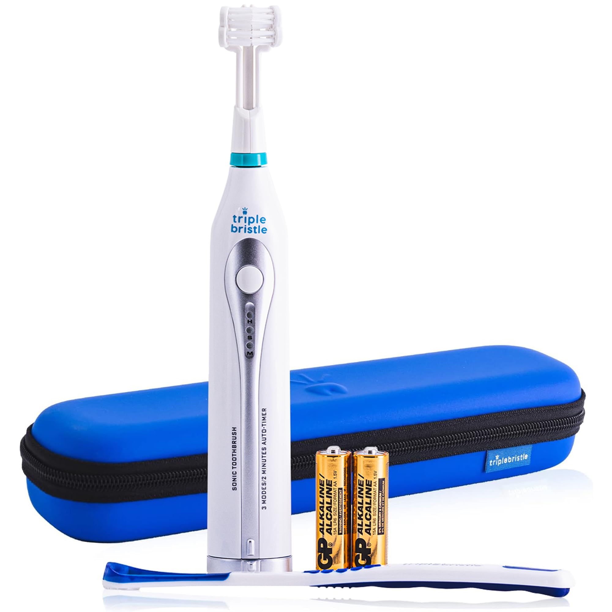 Triple Bristle Sonic Go + Blue Toothbrush Travel Case | Portable AA Battery Sonic Toothbrush for Travel | Portable Hard Protection Case for Traveling