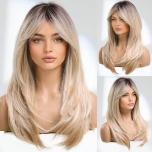 long blonde wig with bangs layered synthetic hair wig with dark roots for women (22 inch)