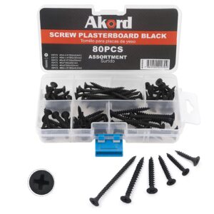 akord plasterboard screw assortment kit 80pcs, 6 & #8 fine thread drywall screw, black, bugle head, phillips drive, needle point, for home wood repair or indoor metal studs