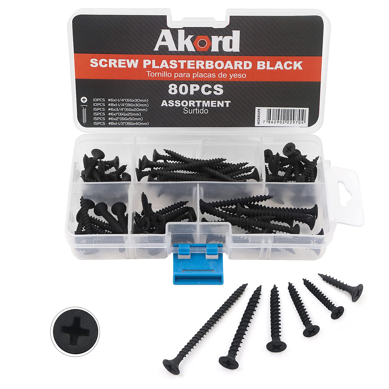 Akord Plasterboard Screw Assortment Kit 80PCS, 6 & #8 Fine Thread Drywall Screw, Black, Bugle Head, Phillips Drive, Needle Point, for Home Wood Repair or Indoor Metal Studs