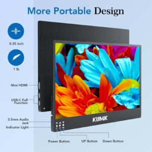 KUMK 4K Portable Monitor 13.3" 3840x2160 UHD USB-C Laptop Monitor with Kickstand & Carrying Bag, Eye Care Screen HDR Speakers FreeSync External Gaming Monitor for Mac PC Phone Xbox Switch PS5/4, Black