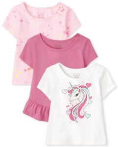 the children's place baby 3 pack and toddler girls short sleeve fashion top, unicorn/rose mist/paint splatter 3-pack, 3t