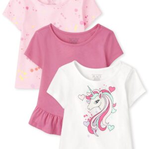 The Children's Place Baby 3 Pack and Toddler Girls Short Sleeve Fashion Top, Unicorn/Rose Mist/Paint Splatter 3-Pack, 3T