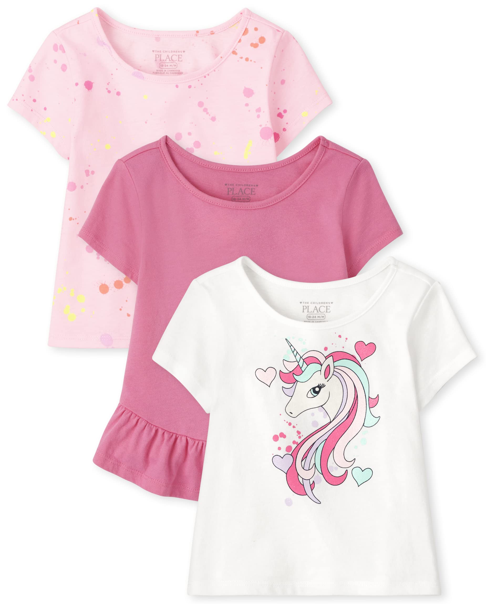 The Children's Place Baby 3 Pack and Toddler Girls Short Sleeve Fashion Top, Unicorn/Rose Mist/Paint Splatter 3-Pack, 3T