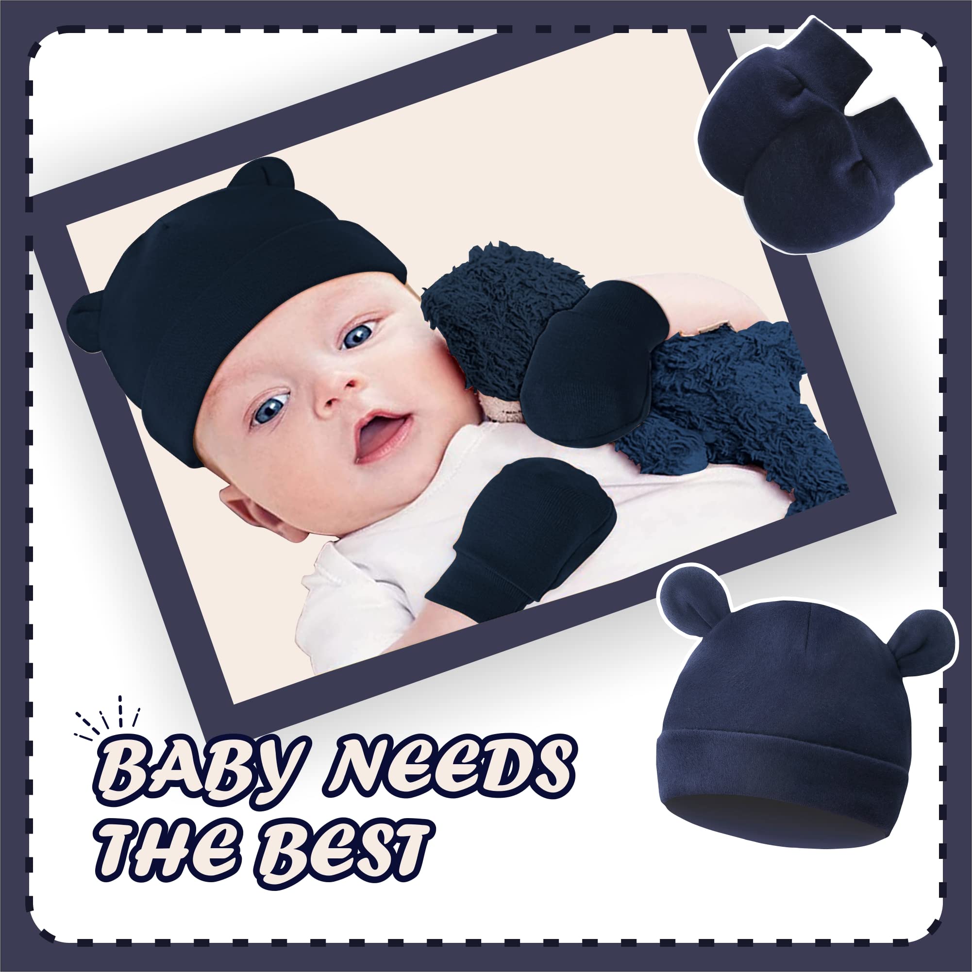 Newborn Baby Hats and Mittens Set for Boys & Girls Preemie Caps/Unisex Infant Beanie Baby Set 0-6 Months (Pack 6- Black, White, Darkblue, Lightblue, Grey, Brown, Ear)