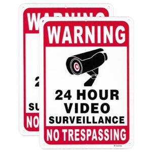 ertzinla 2 pack 24 hour video surveillance sign, no trespassing warning sign, aluminum 10 x 7 inch security camera sign for home business driveway alert cctv, reflective, uv protected…