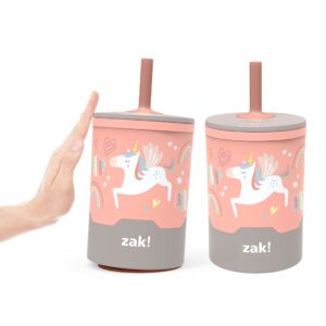 zak designs unicorn mighty tot kids tumbler with screw-on lid and silicone straw, durable and spill-proof with tip-proof base is easy to lift, perfect baby cup bundle (10 oz, 2-piece set, unicorn)