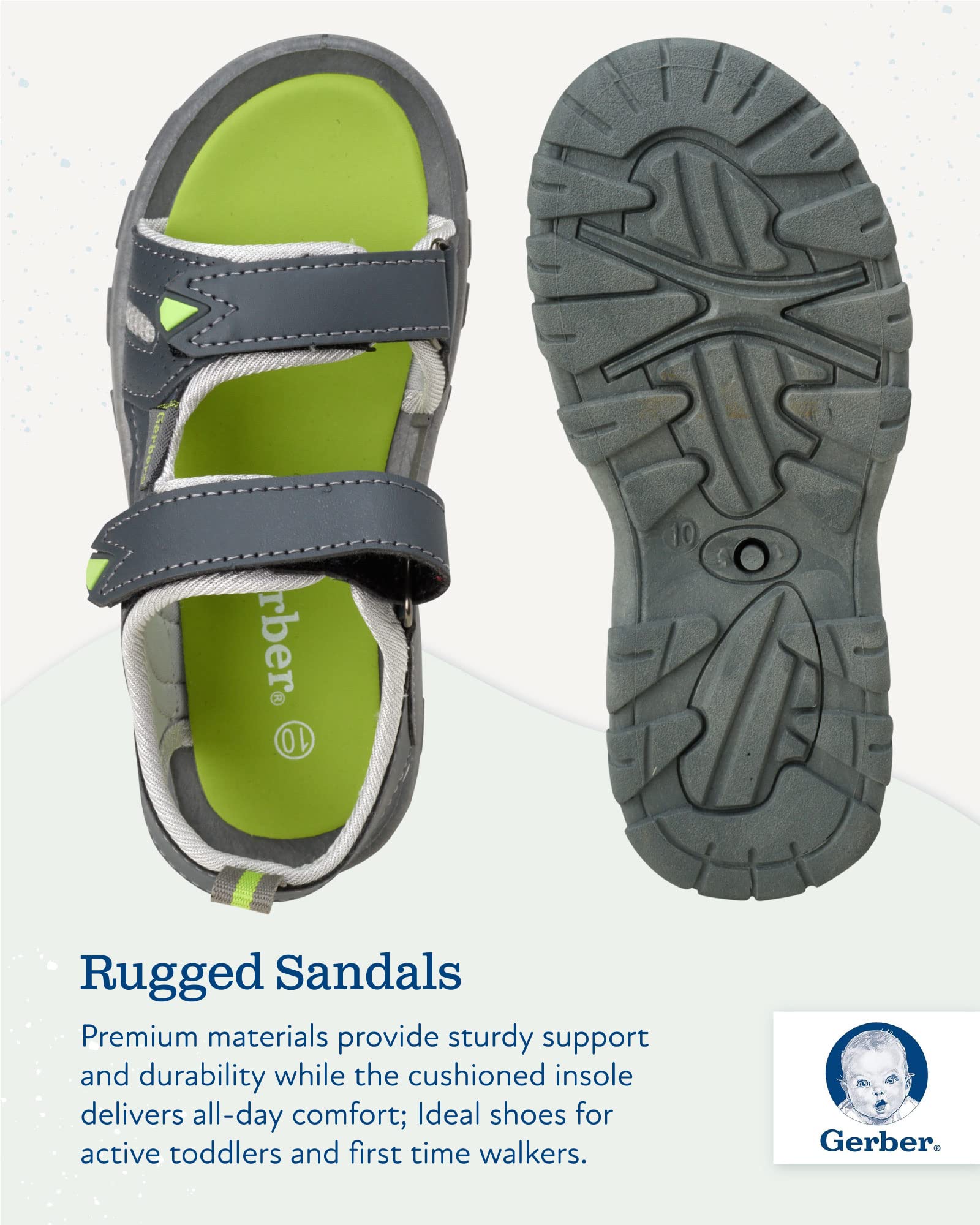 GERBER Baby Boys' Sandals - Adjustable Summer Sports Sandals (Infant/Toddler), Size 4 Infant, Grey/Neon Lime