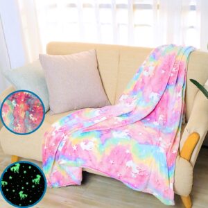 huabanshui glow in the dark blanket, luminous unicorn blanket - christmas birthday gifts for kids girls toddler grandkids(50" x 60", rainbow)