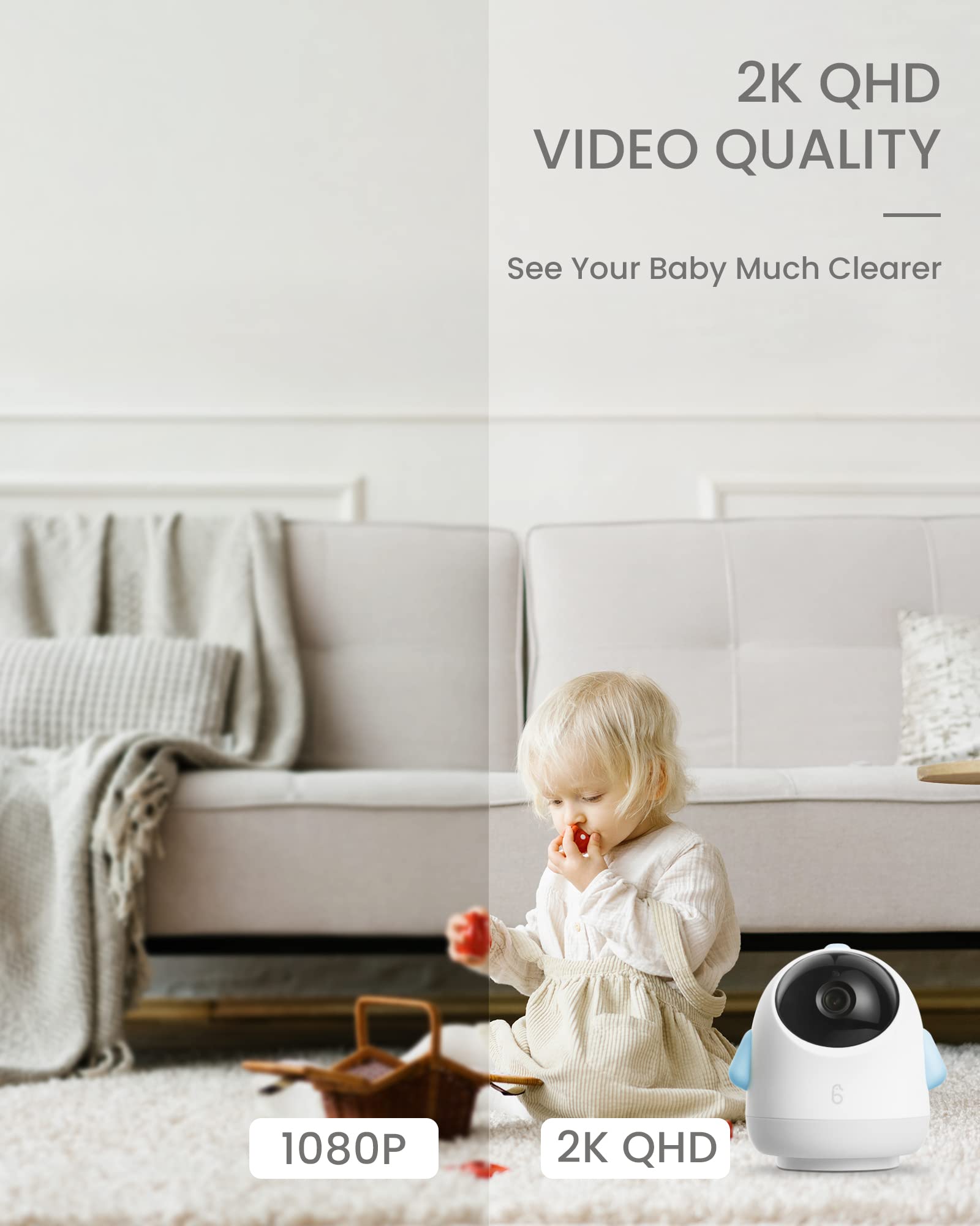 Simshine Smart Baby Monitor WiFi Smartphone AI Cry Soothing Lullaby, Sleep Breathing Analysis, 2K UHD Video Camera, 2-Way Talk, Night Vision, Virtual Fence