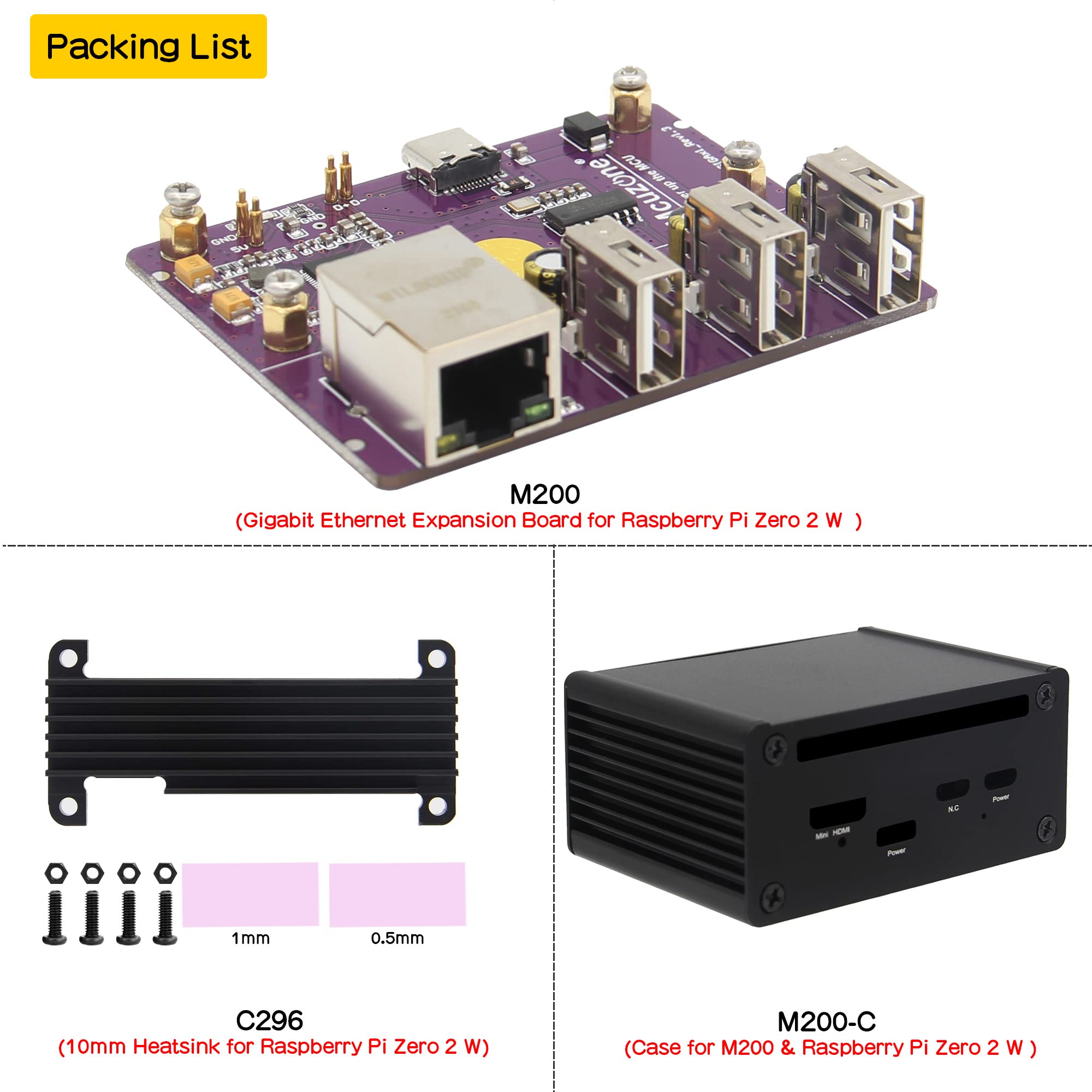 Geekworm for Raspberry Pi Zero 2 W Case Heatsink, M200-K Gigabit Ethernet Expansion Board 3-Port USB HUB with Aluminum Alloy Case&Heatsink for Raspberry Pi Zero 2W/Zero W (Not inlcude Raspberry Pi)