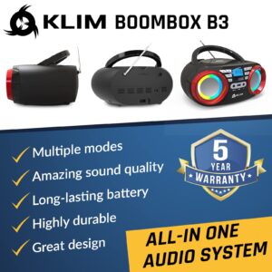 KLIM B3 CD Boombox Portable Audio CD Player, FM Radio, Rechargeable Battery, Bluetooth, MP3 and AUX. Equipped with Super Bass Neodymium Speakers, Upgraded CD Laser Lens - New - Red