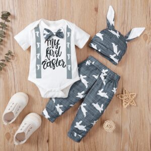 BIRTHDAY SHARK Baby Boy My 1st Easter Outfit Newborn First Easter Outfit Baby Bunny Clothes (White,0-3 Months)