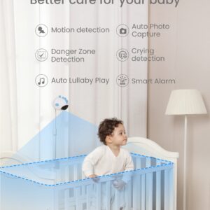 Simshine Smart Baby Monitor WiFi Smartphone AI Cry Soothing Lullaby, Sleep Breathing Analysis, 2K UHD Video Camera, 2-Way Talk, Night Vision, Virtual Fence