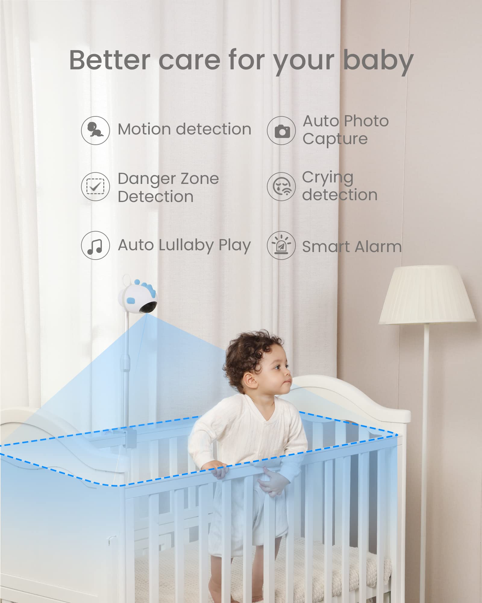 Simshine Smart Baby Monitor WiFi Smartphone AI Cry Soothing Lullaby, Sleep Breathing Analysis, 2K UHD Video Camera, 2-Way Talk, Night Vision, Virtual Fence