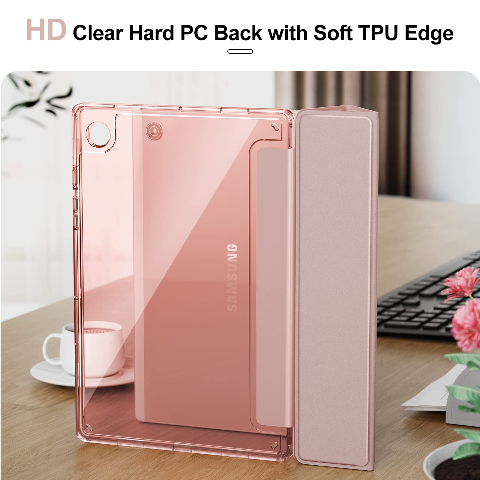 INFILAND Compatible with Samsung Galaxy Tab A8 Case Cover with HD Clear Transparent Back Fit Galaxy Tab A8 10.5 inch 2022 SM-X200/X205/X207 [Auto Wake/Sleep] Rose Gold