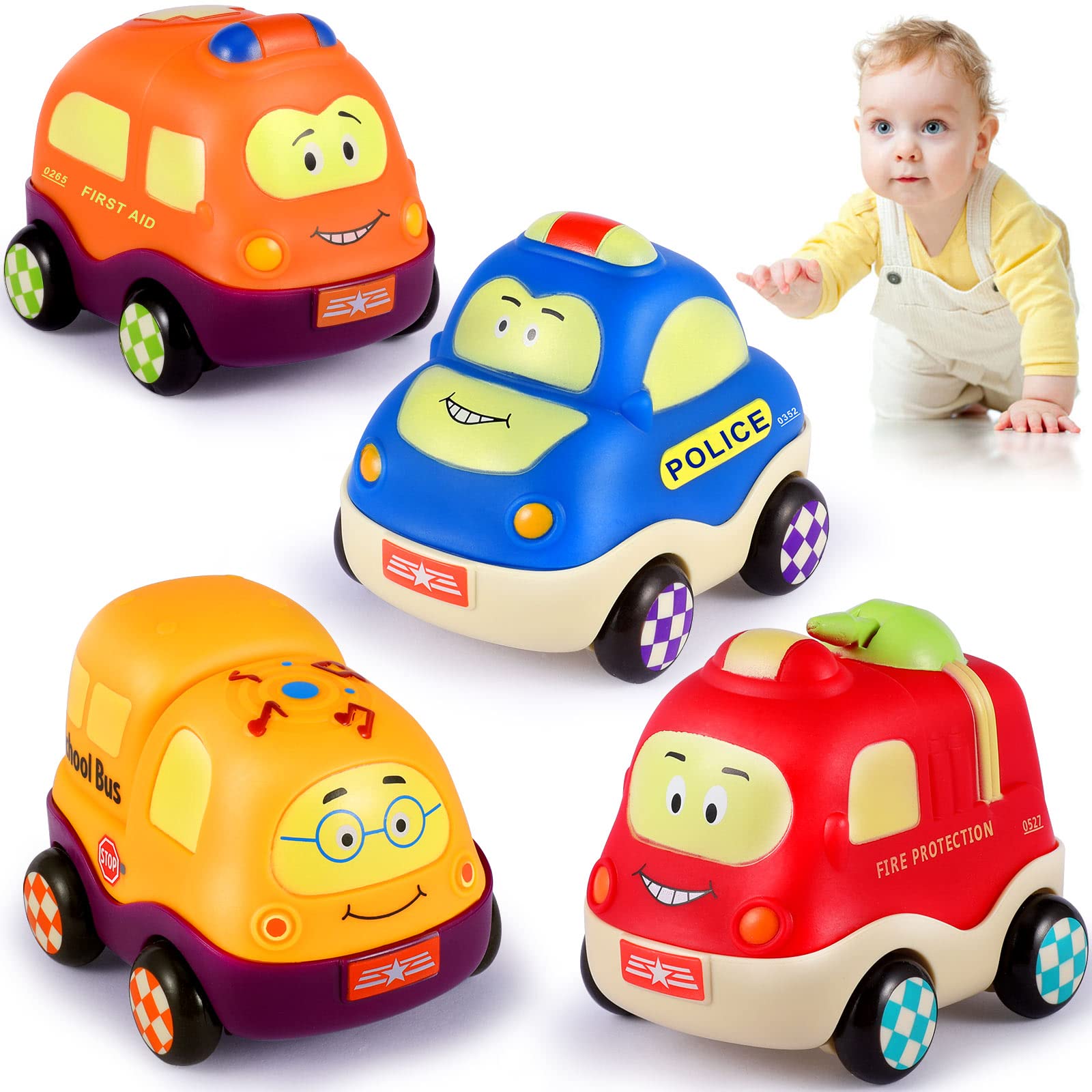 Baby Toy Cars for 1 2 3 Year Old Boys Girls Pull Back Car Cartoon Truck Toys for Toddler 1-3 School Bus Police Car Fire Engine Baby Toy 12-18 Months Xmas Gifts for 1 2 3 Year Old Boy Girl Outdoor Toys