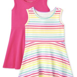 The Children's Place Baby 2 Pack and Toddler Girls Sleeveless Fashion Skater Dress, April Stripe/in The Pink 2-Pack, 4T